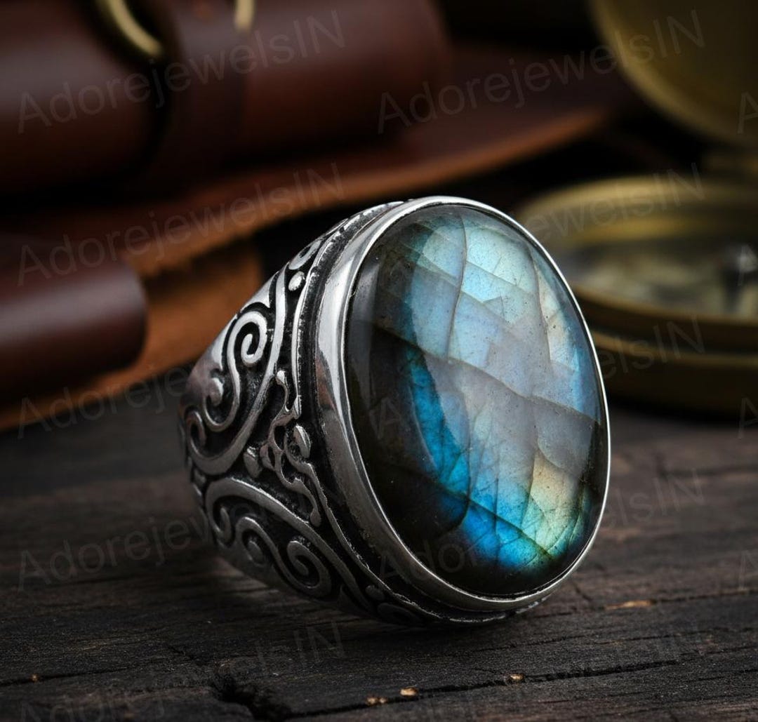 Mens Floral Sterling Silver Ring, Oval Labradorite (12x16mm) - Etsy