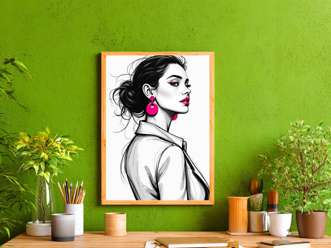 Abstract Wall Art Portrait With Pink Accents, Bold Sketch Style Poster ...