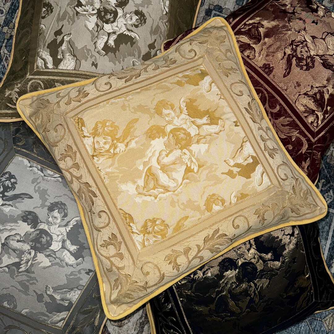 Gold Woven Cherub Angel Cushion Cover | Baroque Jacquard Cotton Pillow ...