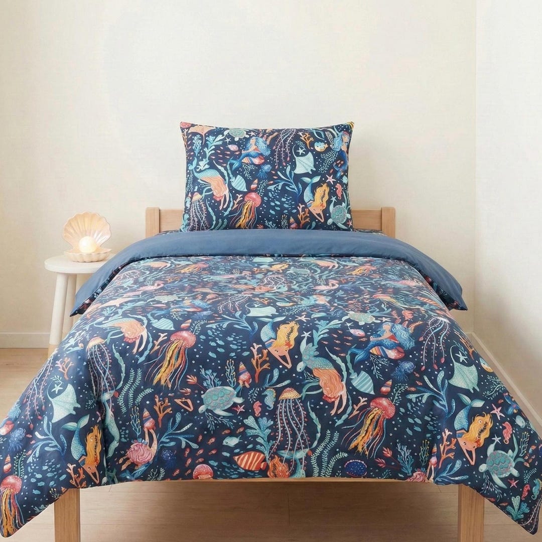 Kids Mermaid Bedding Set | Underwater Sea Life Duvet Cover & Pillowcase ...