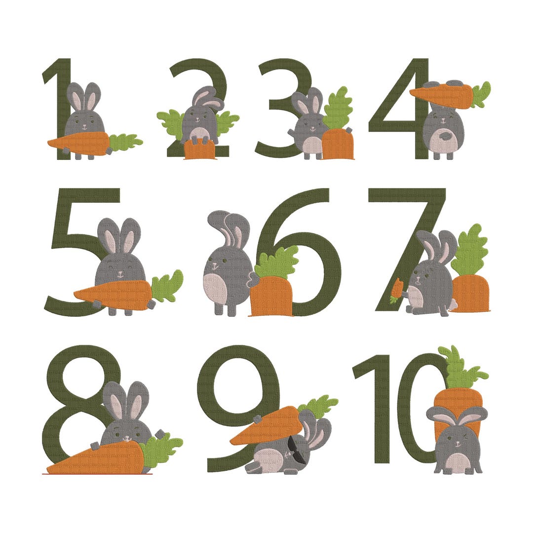 Bunny Numbers Embroidery Design, Kids Counting 1 to 10 Rabbit Carrot ...