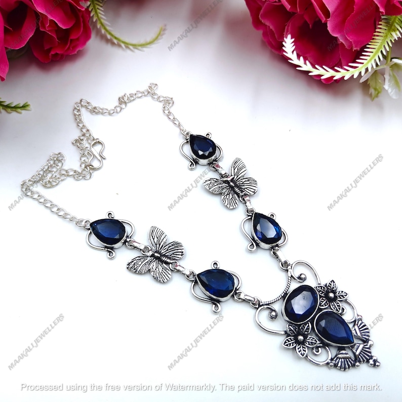 Handmade Blue Sapphire Gemstone Floral Design Necklace, 925 Sterling ...