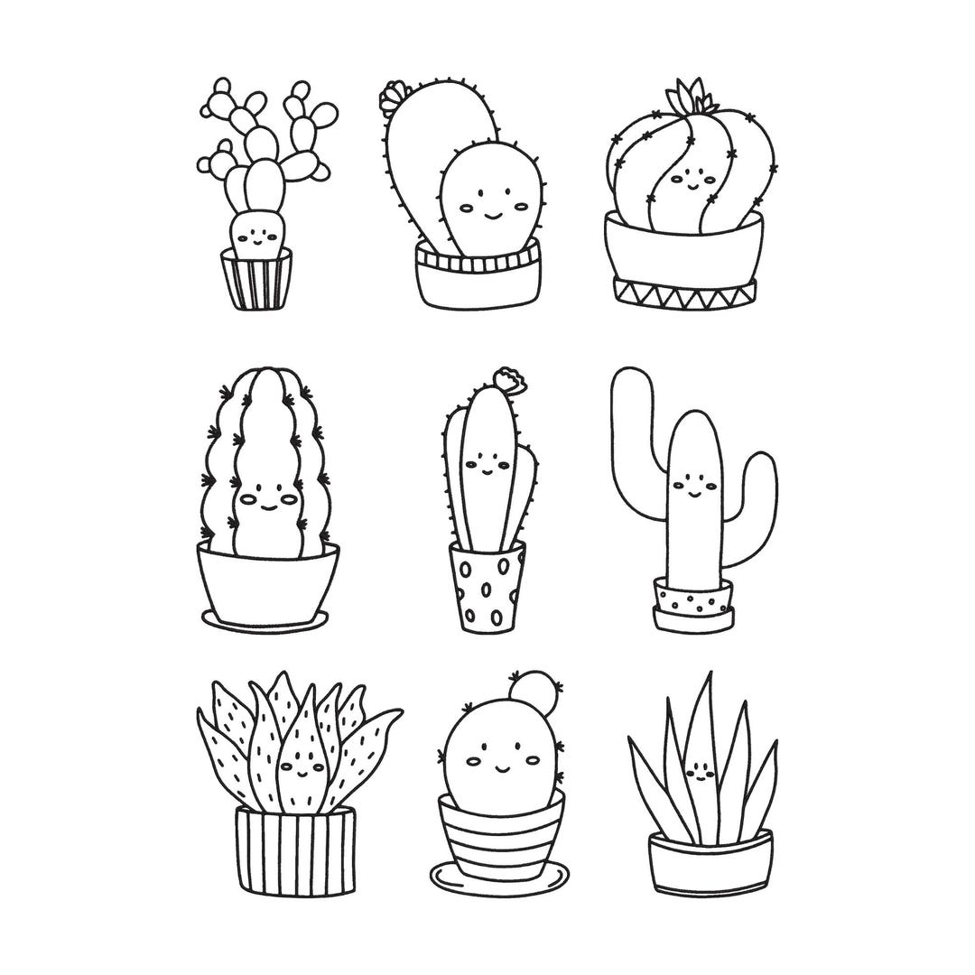 Cactus Plant Line Art Embroidery Design, Kawaii Line Art Plant Machine ...