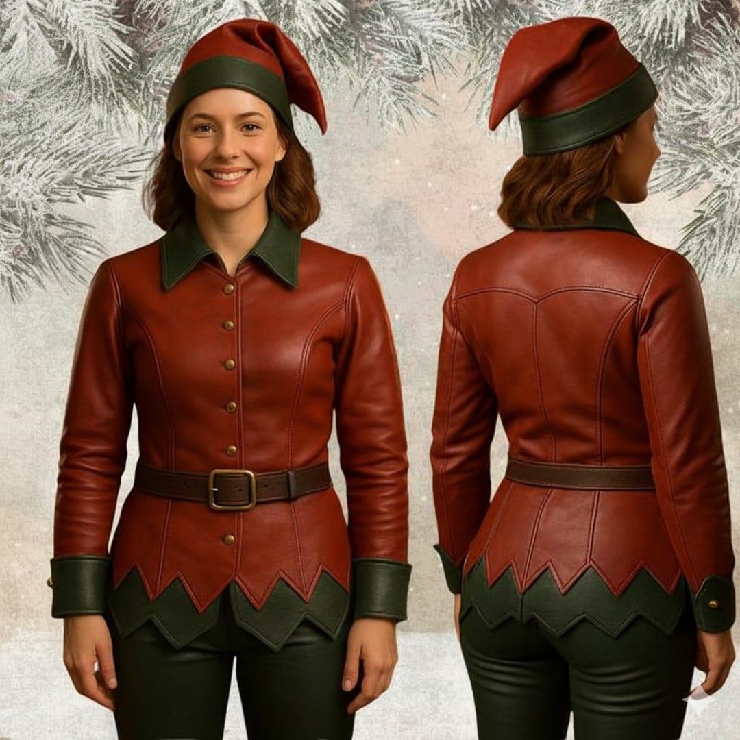 Women’s Christmas Elf Leather Jacket – Handmade Red & Green Holiday ...