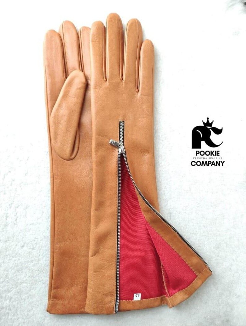 Handmade Leather Gloves: Long Nappa With Red Silk Lining, Zipper Detail ...