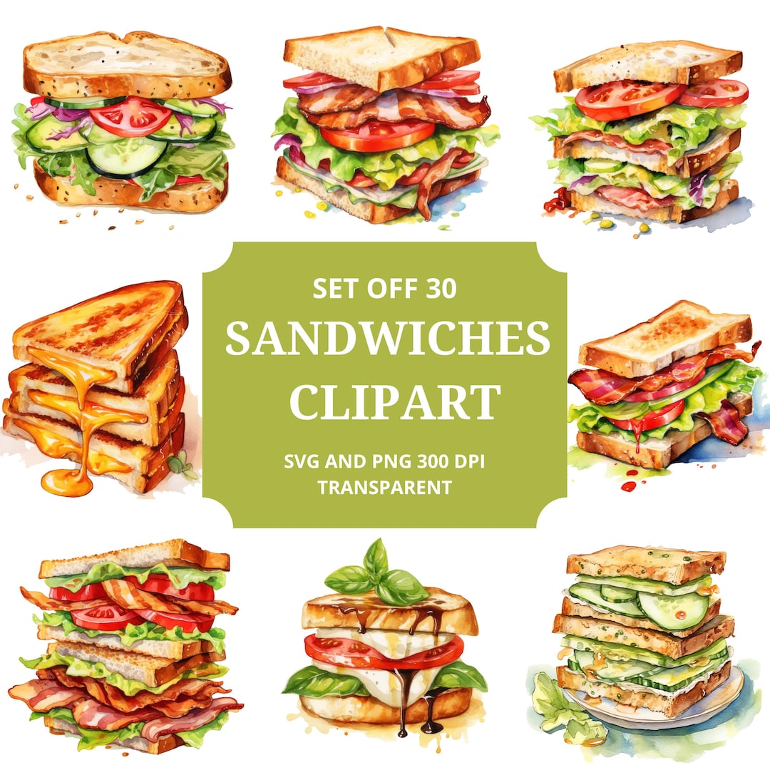 Watercolor Sandwiches Clipart Bundle, Realistic Food PNG SVG, Toast ...