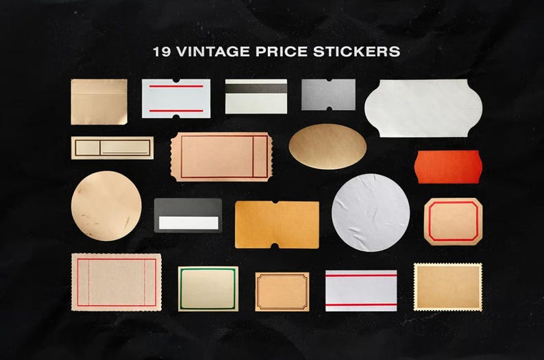 Vintage Price Stickers, Old Price Tag PNG PSD Clipart Set, Retro ...