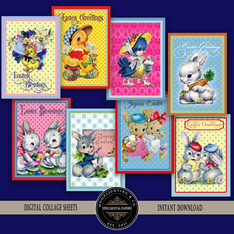 EASTER ATC RETRO Bunny Chick Digital Download Printable Collage Sheet ...
