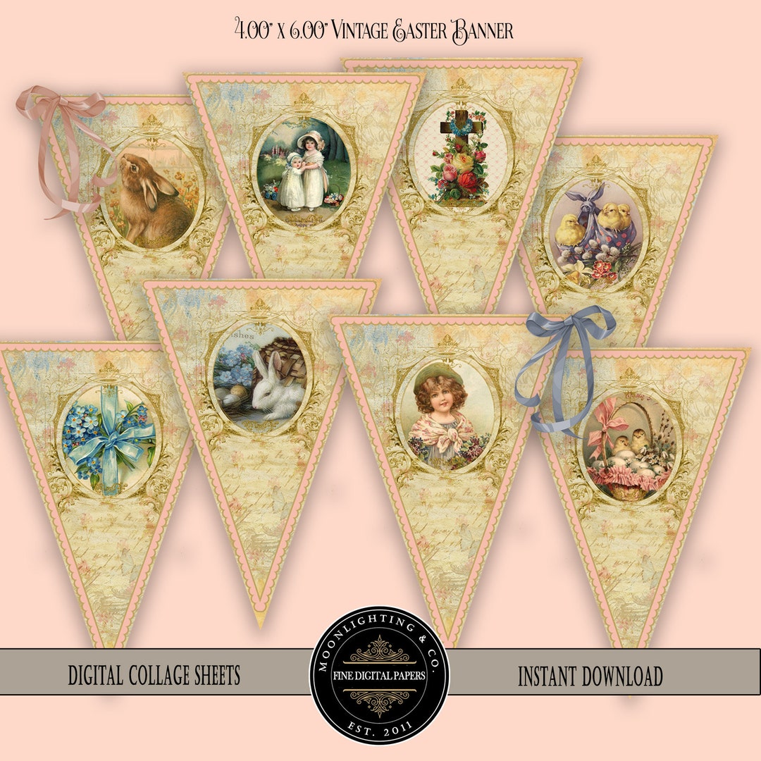 Vintage Easter Banner, Printable, Bunting, Pennants, Garland, Flags ...