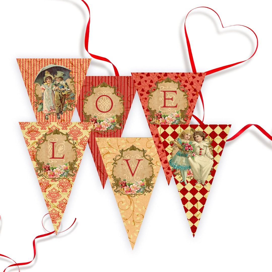 Valentine Banner, Love, Vintage, Pennants, Digital, Paper Goods ...