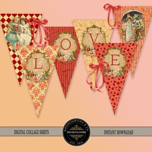 Valentine Banner, Love, Vintage, Pennants, Digital, Paper Goods ...