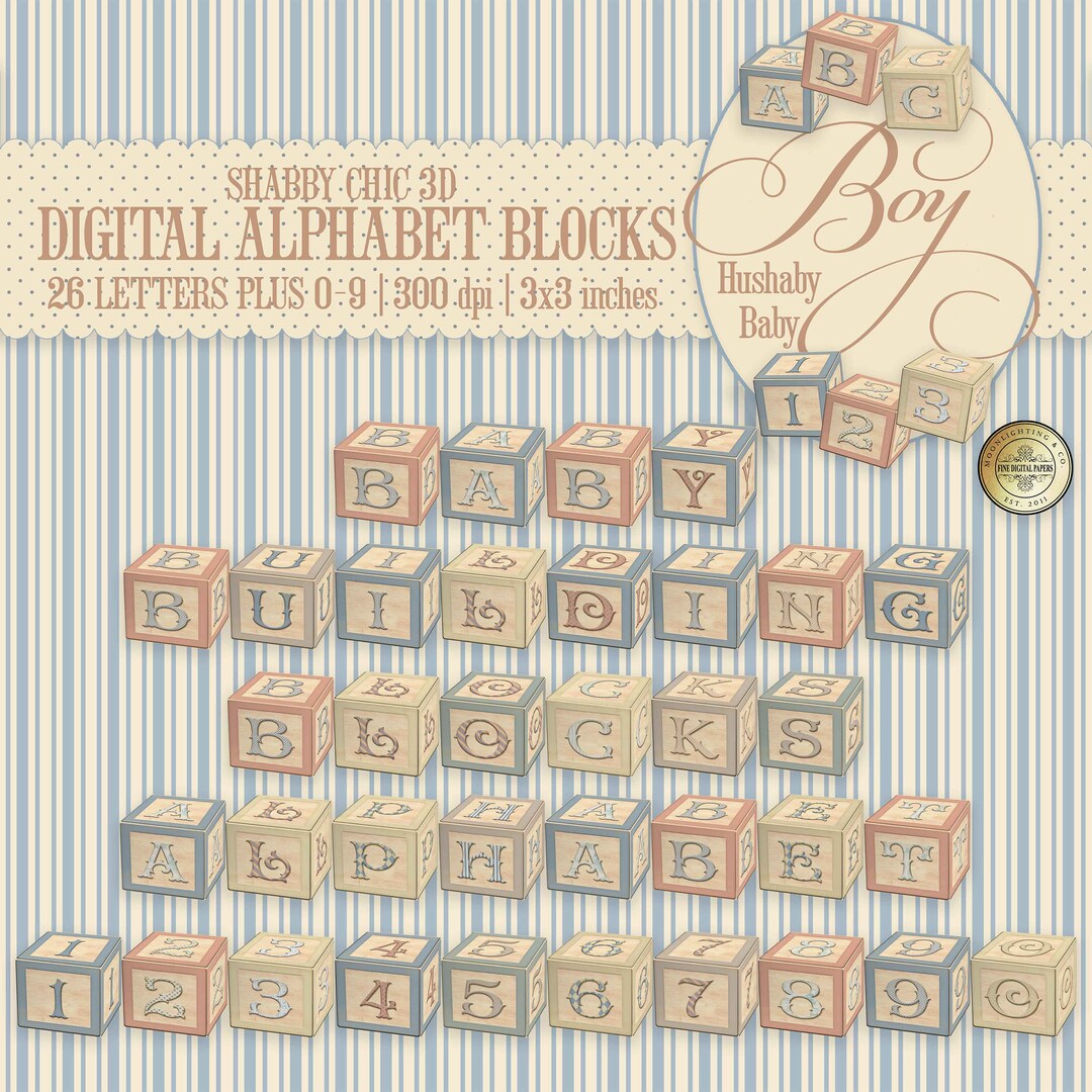 BUILDING BLOCKS ALPHABET 3D Shabby Chic Numbers Clip Art Baby Clipart ...