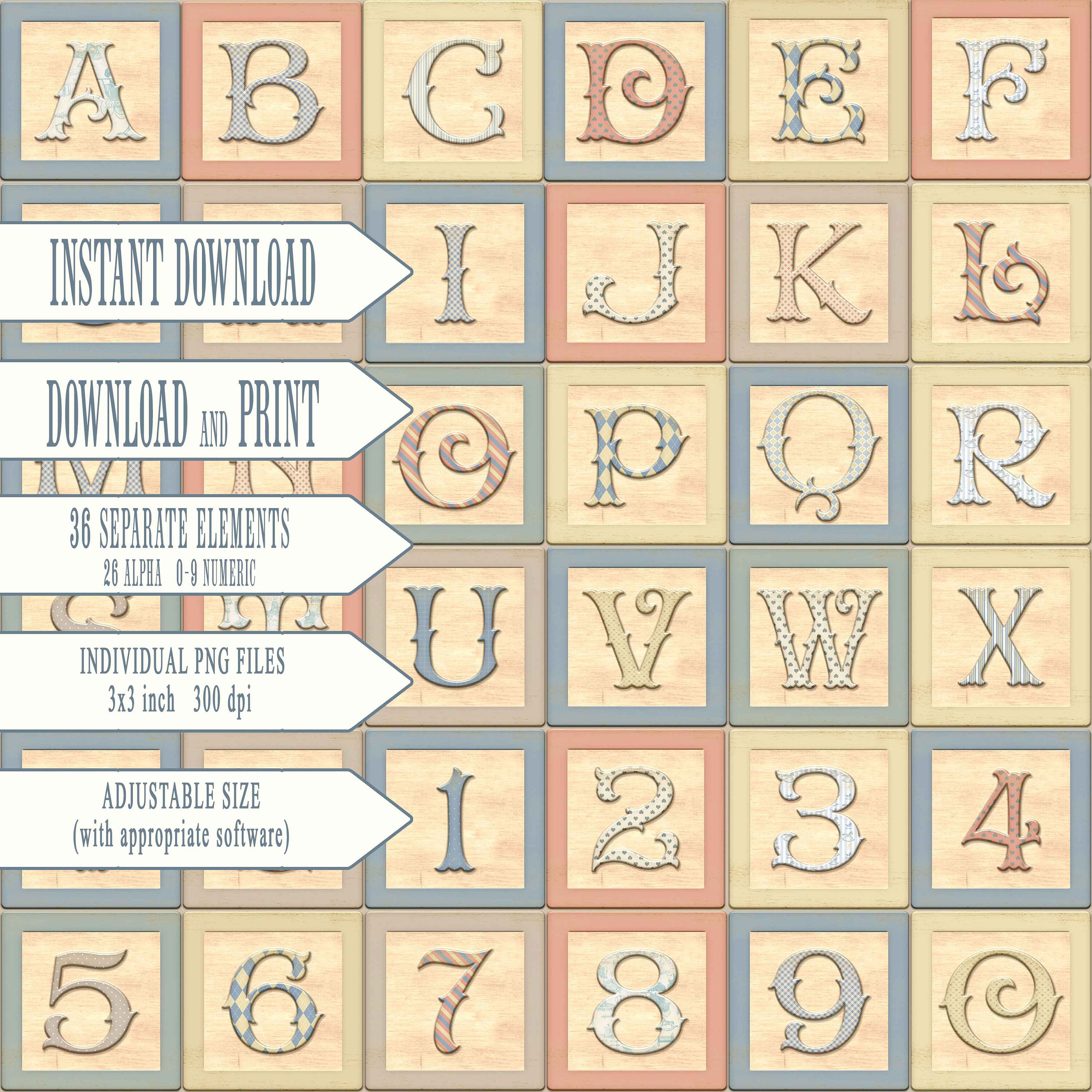 BUILDING BLOCKS ALPHABET 2D Shabby Chic Numbers Clip Art Baby Clipart ...
