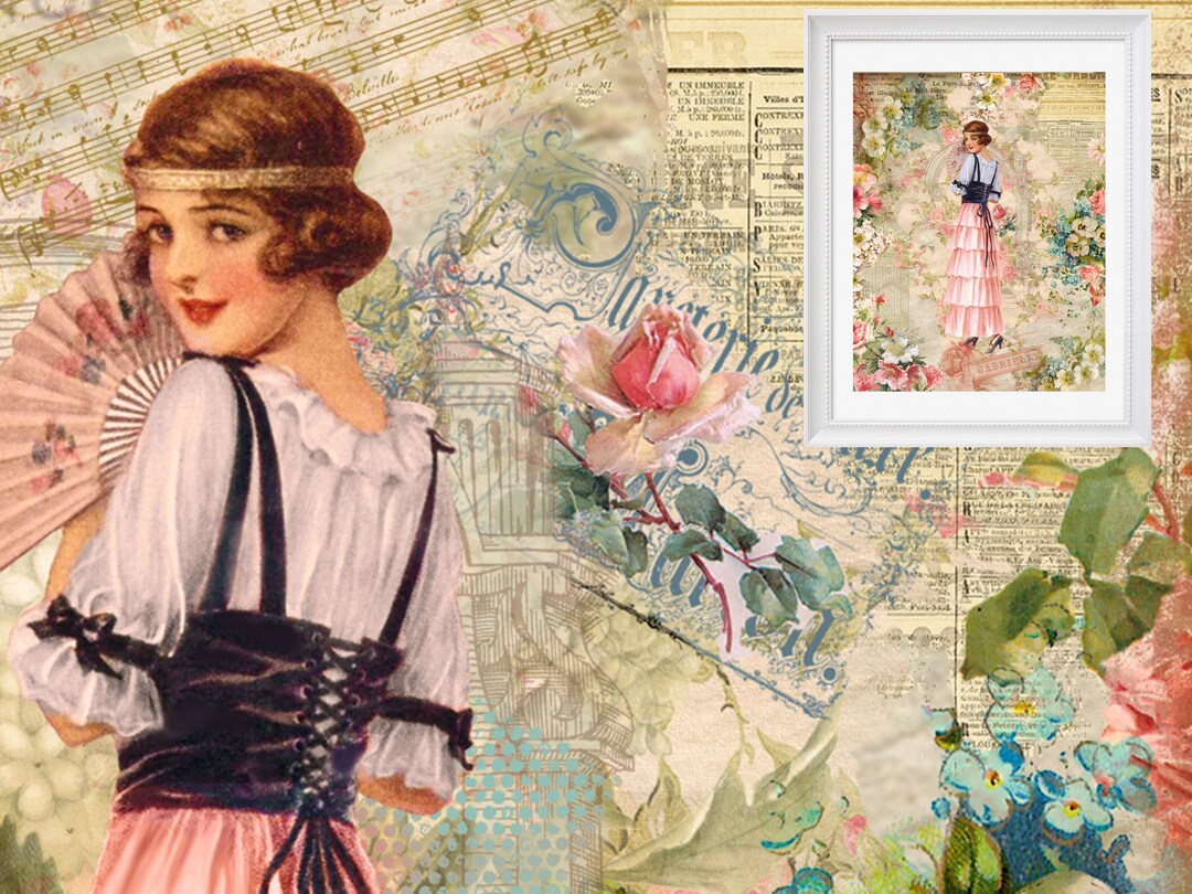 Victorian Edwardian Lady Shabby Chic Pink Lady Print Romantic Vintage ...