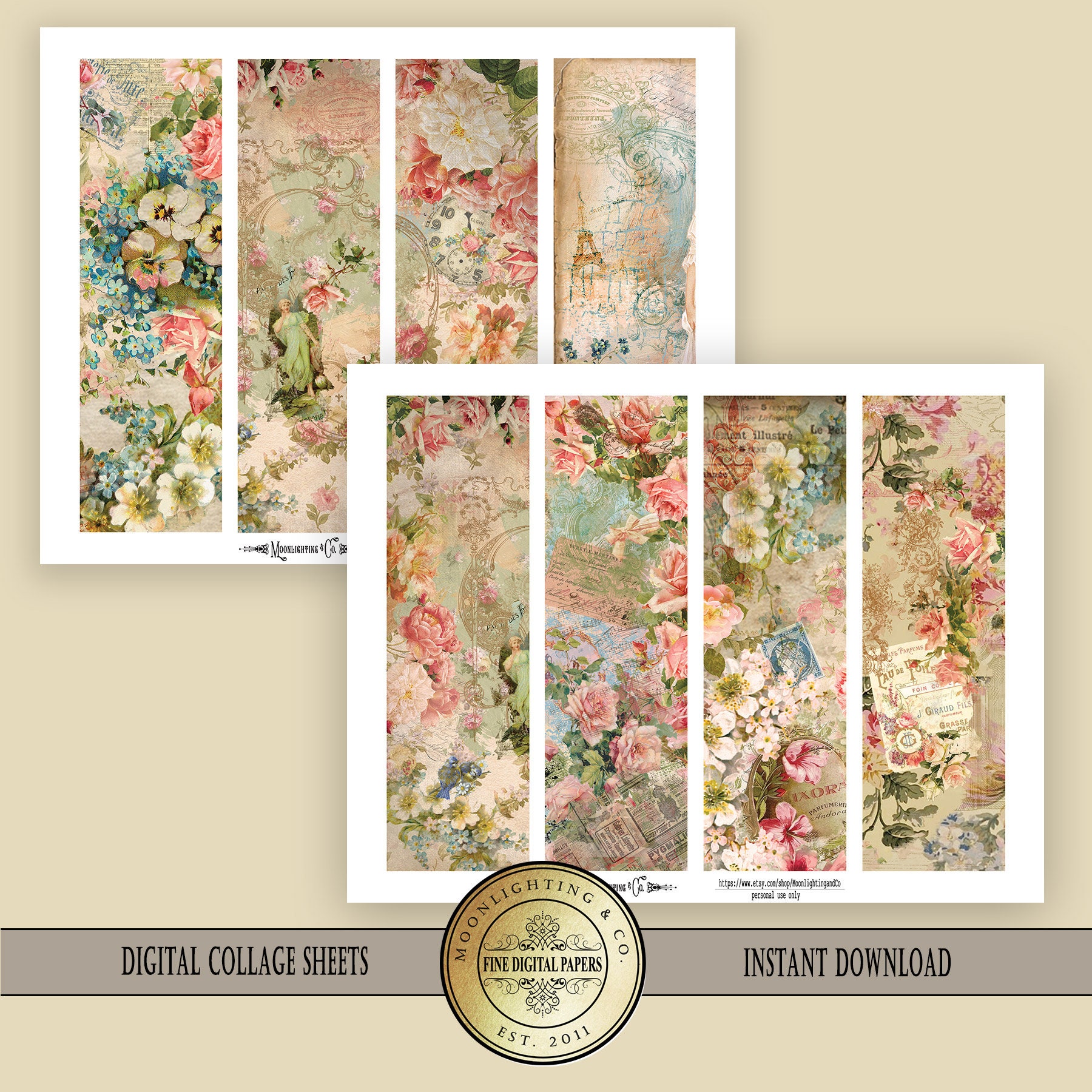 Vintage Flowers Bookmarks Printable Digital Collage Sheet | Etsy