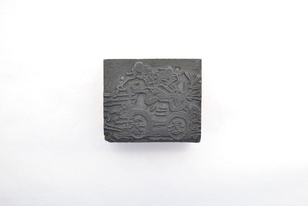 Antique Printing Block Comic Strip Characters Riding Vehicle Wood and ...