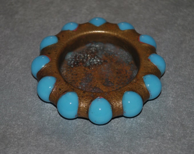Antique 1930's Fisher Jewel Tray - Hammered Brass & Aqua Marble Beads ...