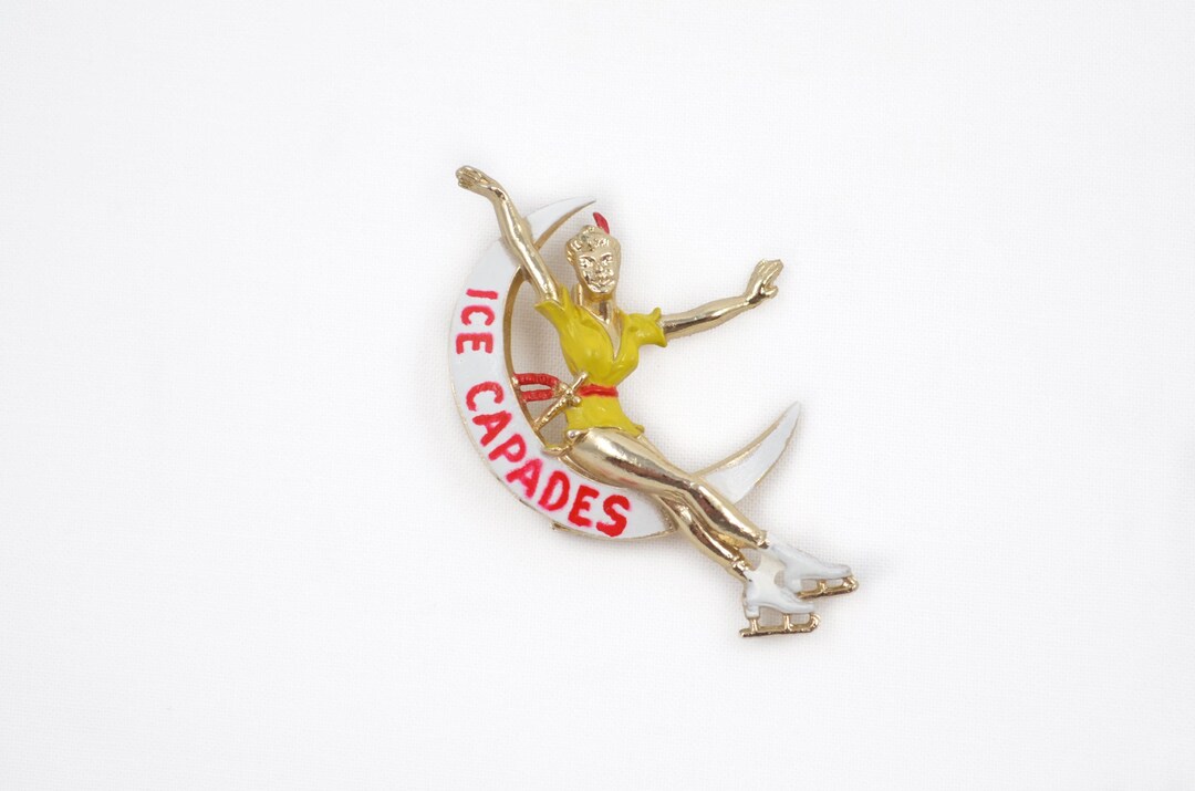 Vintage 1950s Ice Capades Souvenir Brooch Ice Skater on Crescent Moon ...