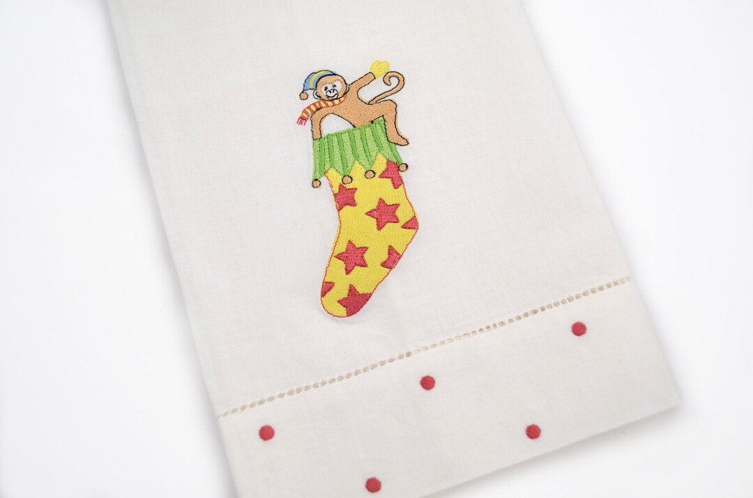 Vintage Monkey With Christmas Stocking Linen Tea Towel - Applique ...