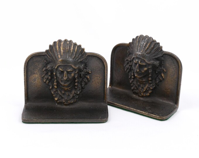 Set of Antique Native American Indian Bookends - Cast Metal With Bronze ...