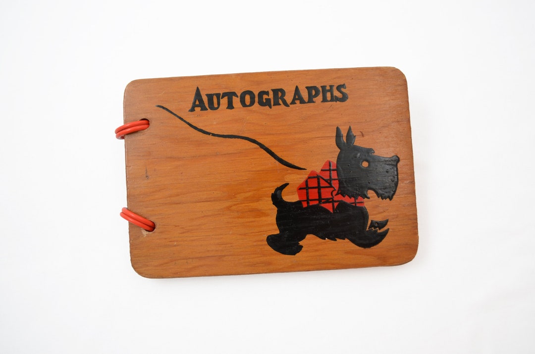 Vintage 1940's Wood Cover Scottie Dog Autograph Album - Hard Cover Wood ...