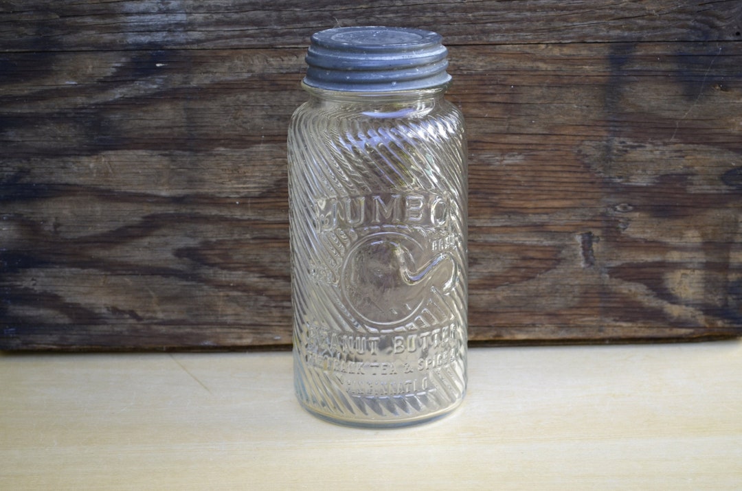 Vintage Jumbo Peanut Butter 2lb Glass Jar With Lid Ribbed Swirl Glass Frank Tea & Spice Co ...