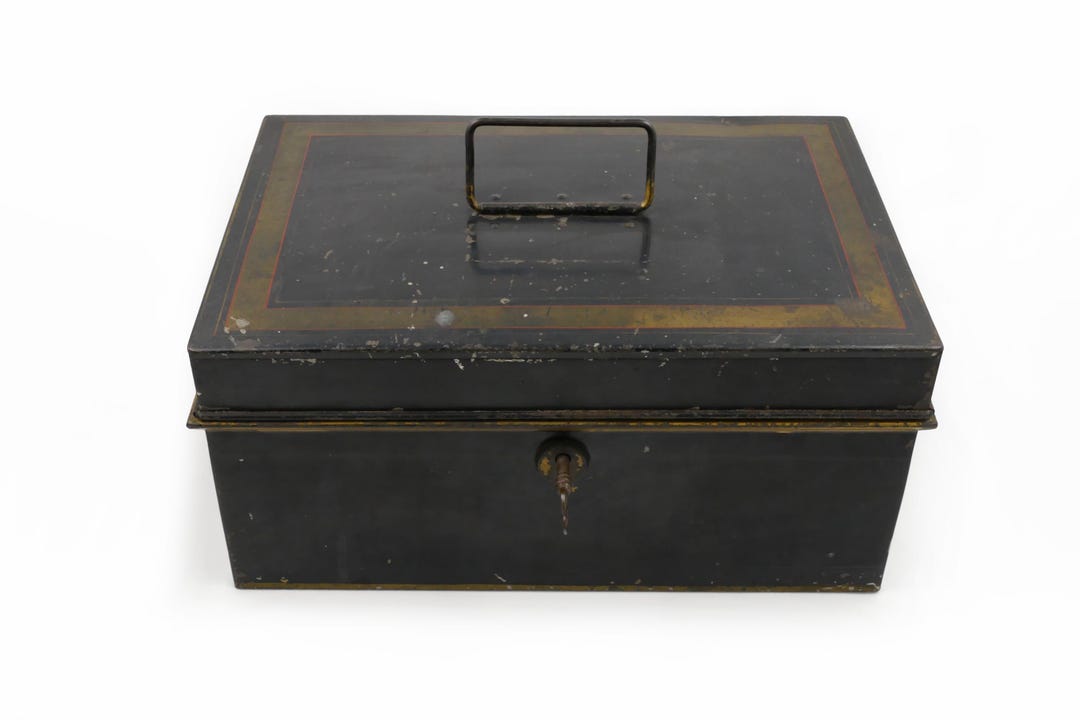 Antique Metal Lock Box With Key - Large Document Storage Box - Black ...