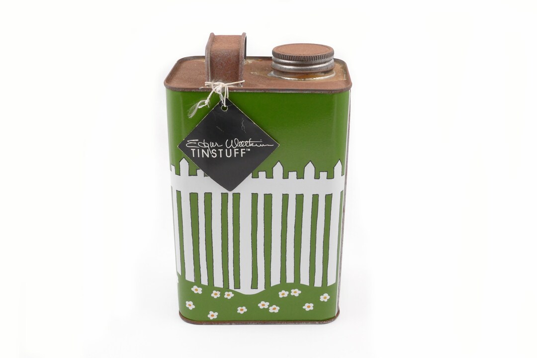 Vintage Edgar Watkins Tinstuff Metal Storage Can 1970s White Picket ...
