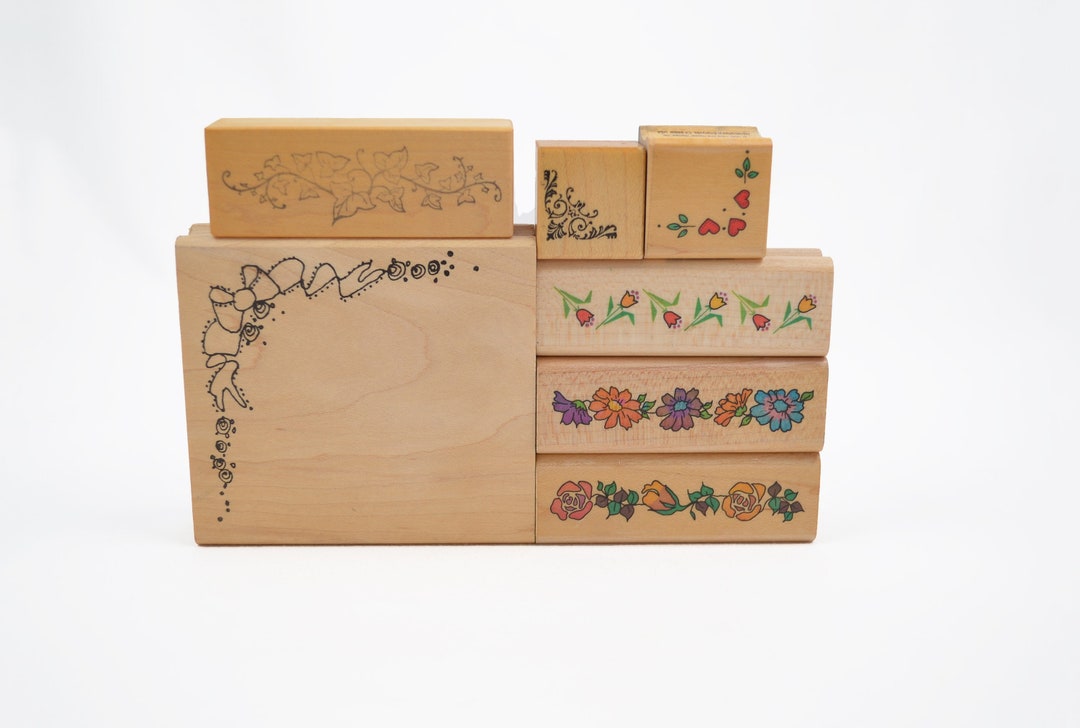 Vintage Lot of 7 Floral Border Block Rubber Stamps Corner Stamps Floral ...