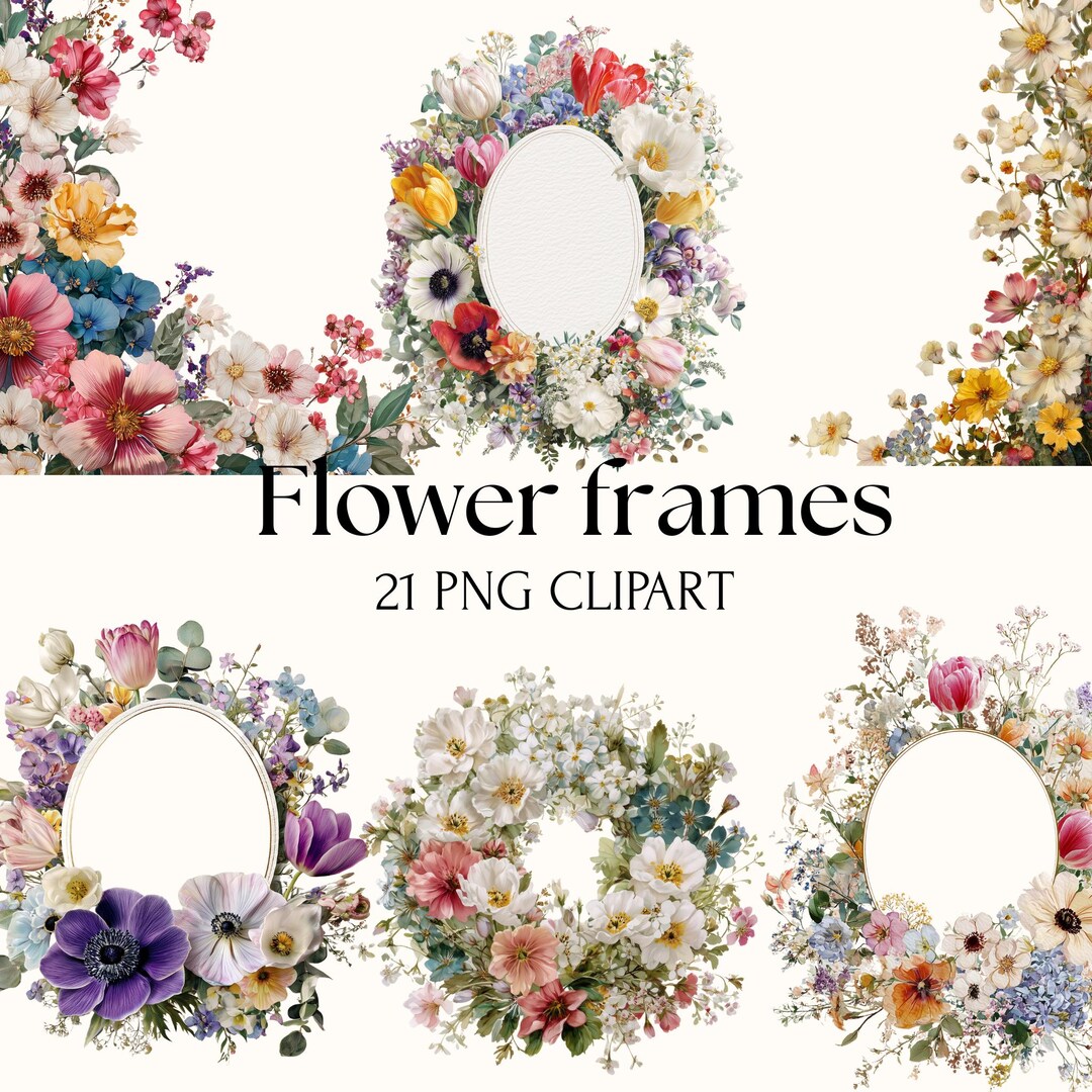 21 Wildflower Frames - Watercolor PNG Clipart Bundle, Wedding ...