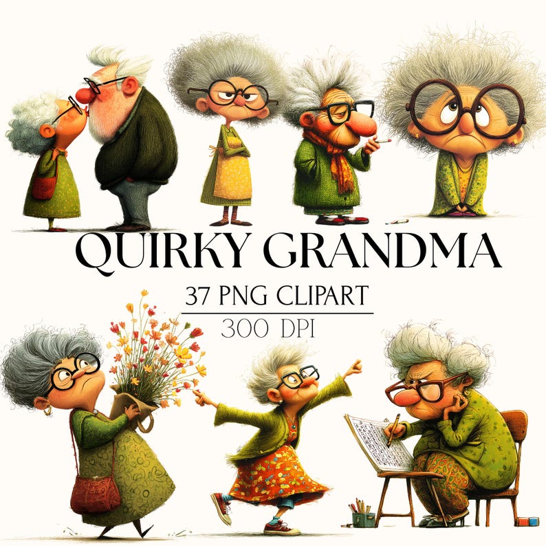 Quirky Grandma Clipart PNG Set | Whimsical | Funny Grandma Art ...