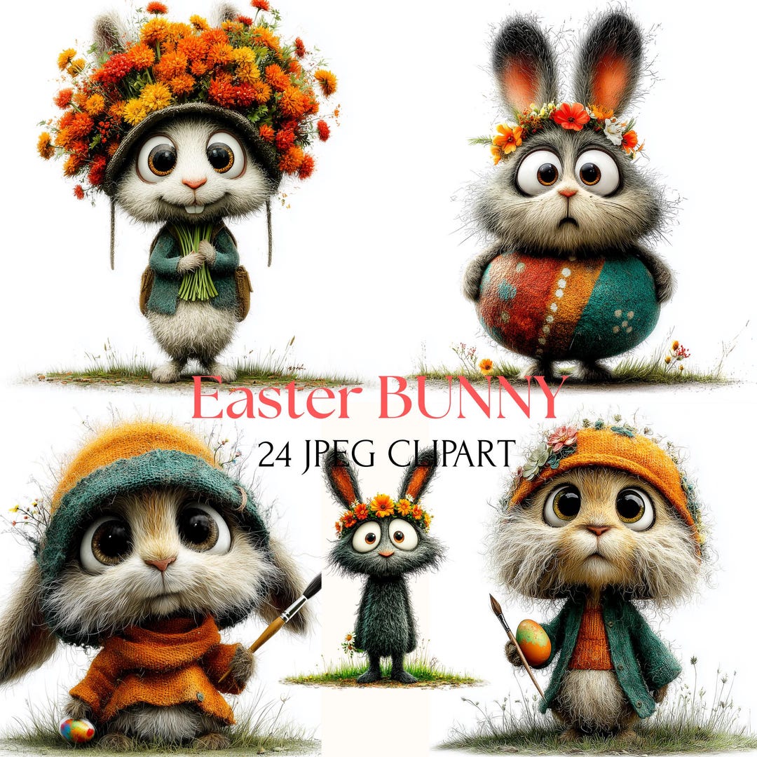 24 Quirky Easter Bunny - Whimsical Digital JPEG Illustration Bundle ...