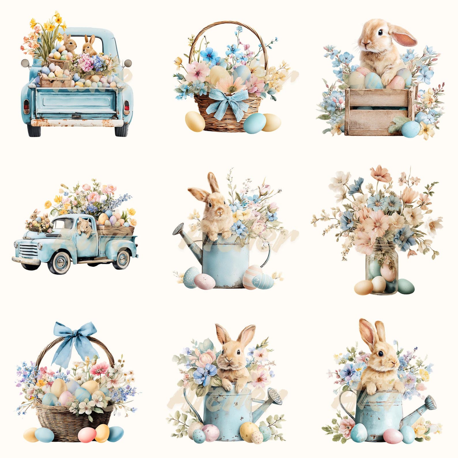 Watercolor Easter Bunny Clipart Set | Boho Easter Eggs & Floral Truck ...