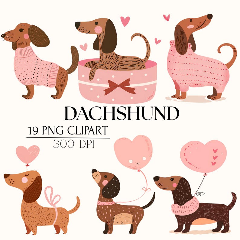 19 Cute Valentine Dachshund Clipart PNG Bundle - Whimsical Watercolor ...