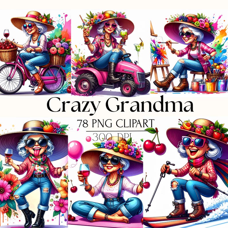 Funny Grandma Clipart MEGA Bundle | Hobby Granny | Crazy Senior Woman ...
