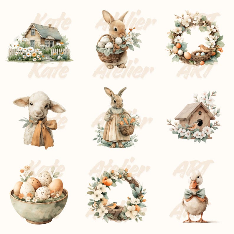 56 Rustic Easter - Watercolor PNG Clipart Bundle, Nursery Decor ...
