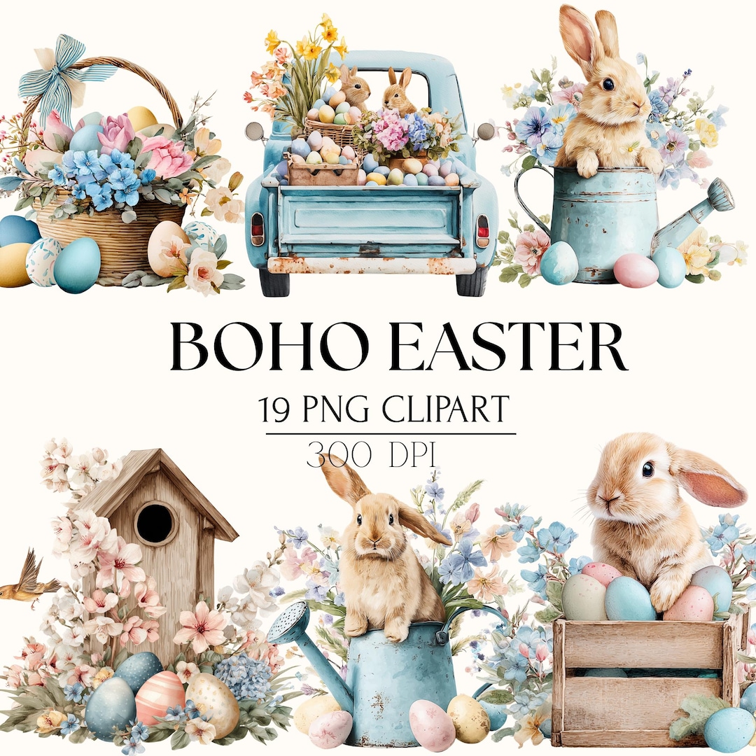 Watercolor Easter Bunny Clipart Set | Boho Easter Eggs & Floral Truck ...