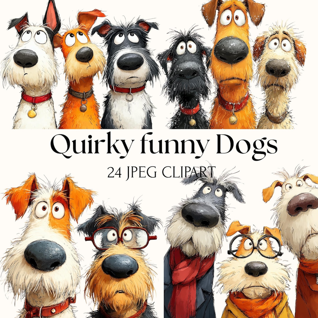 24 Quirky Funny Dogs - Whimsical Digital Illustration JPEG Bundle ...