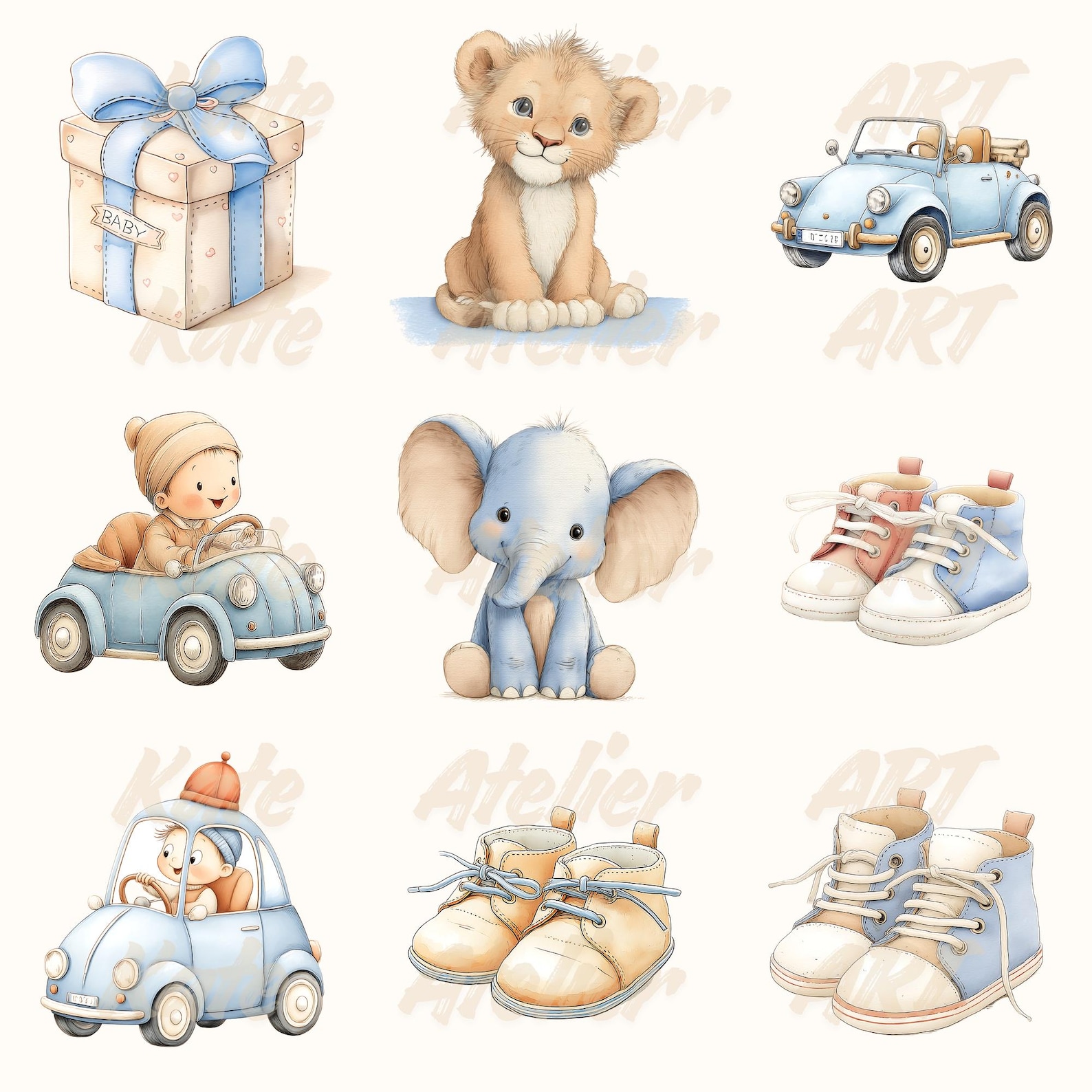26 Cute Baby Boy Clipart Bundle - Baby Shower, Whimsical Watercolor ...