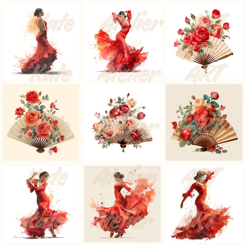 Dançarina de Flamenco - Pacote com 18 Clipart em Aquarela JPEG para ...