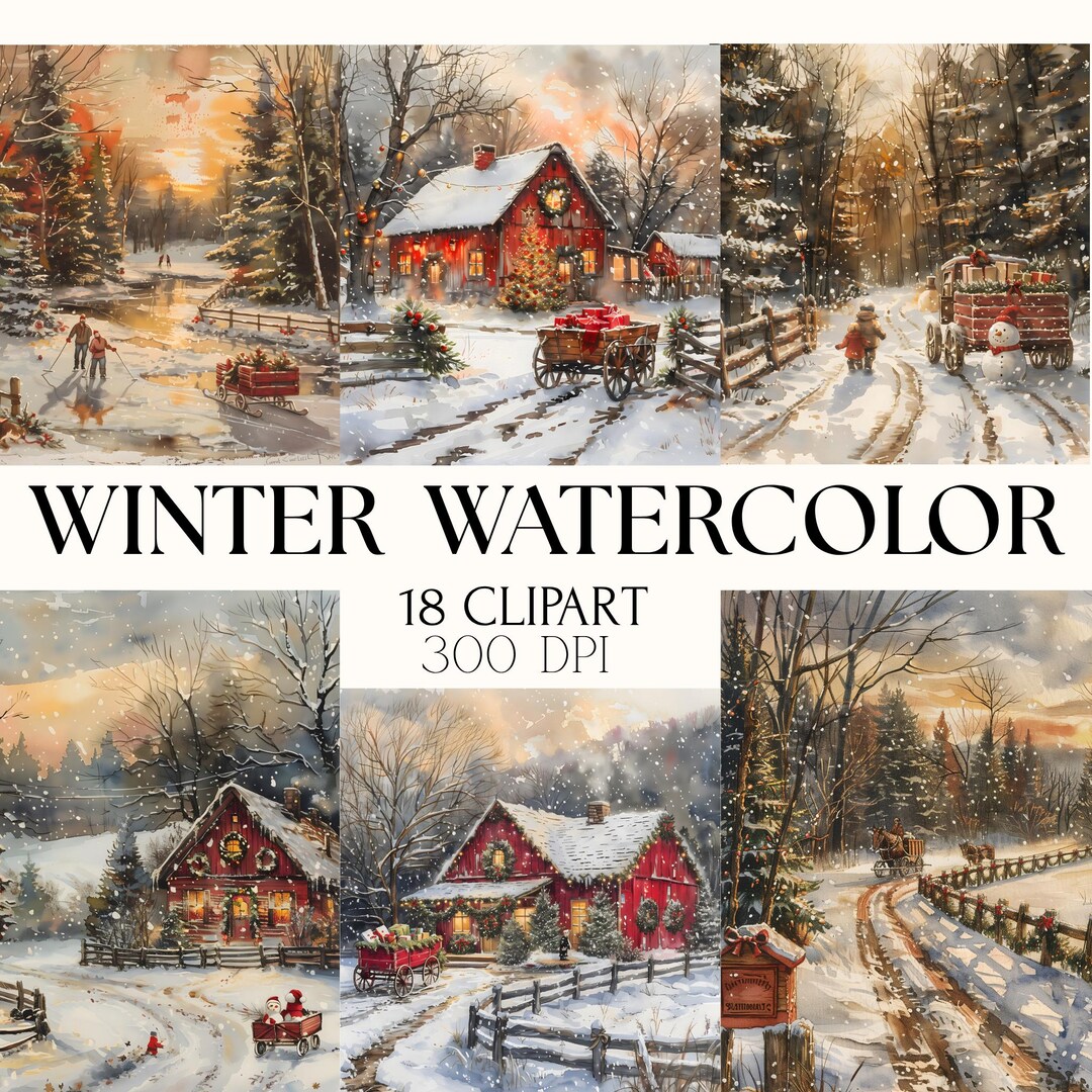 Watercolor Christmas Countryside Village Illustrations (JPEG) | Snowy ...