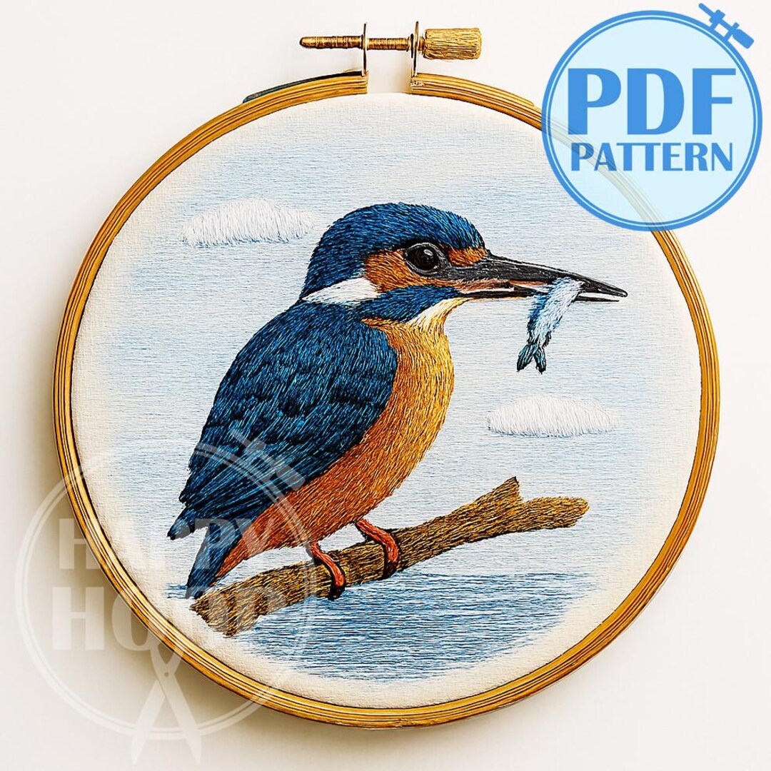 Bird, Kingfisher With a Fish. Simple Hand Embroidery Pattern PDF ...