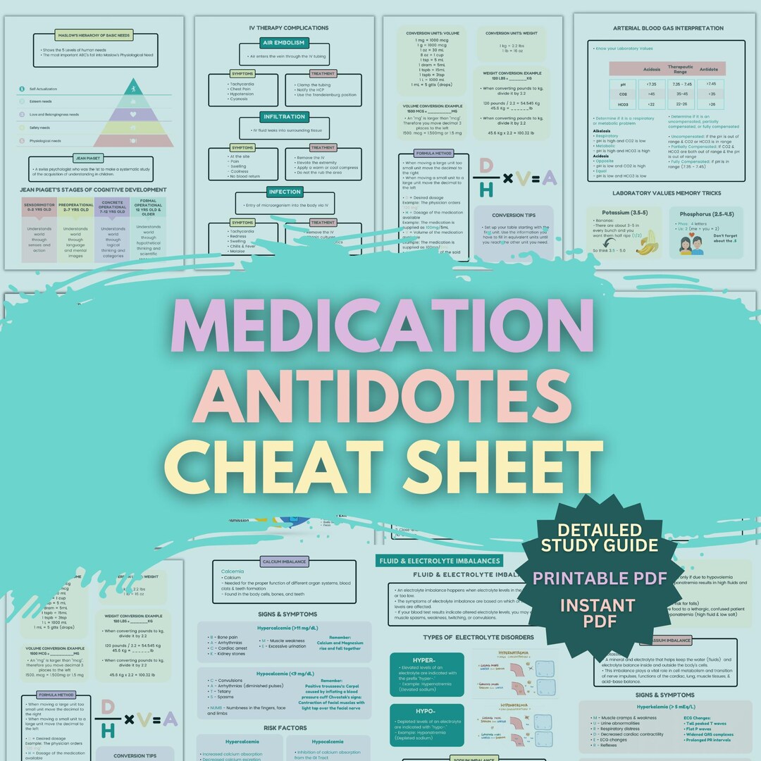 Medication Antidotes Cheat Sheet | Nursing Study Sheets | Med School ...