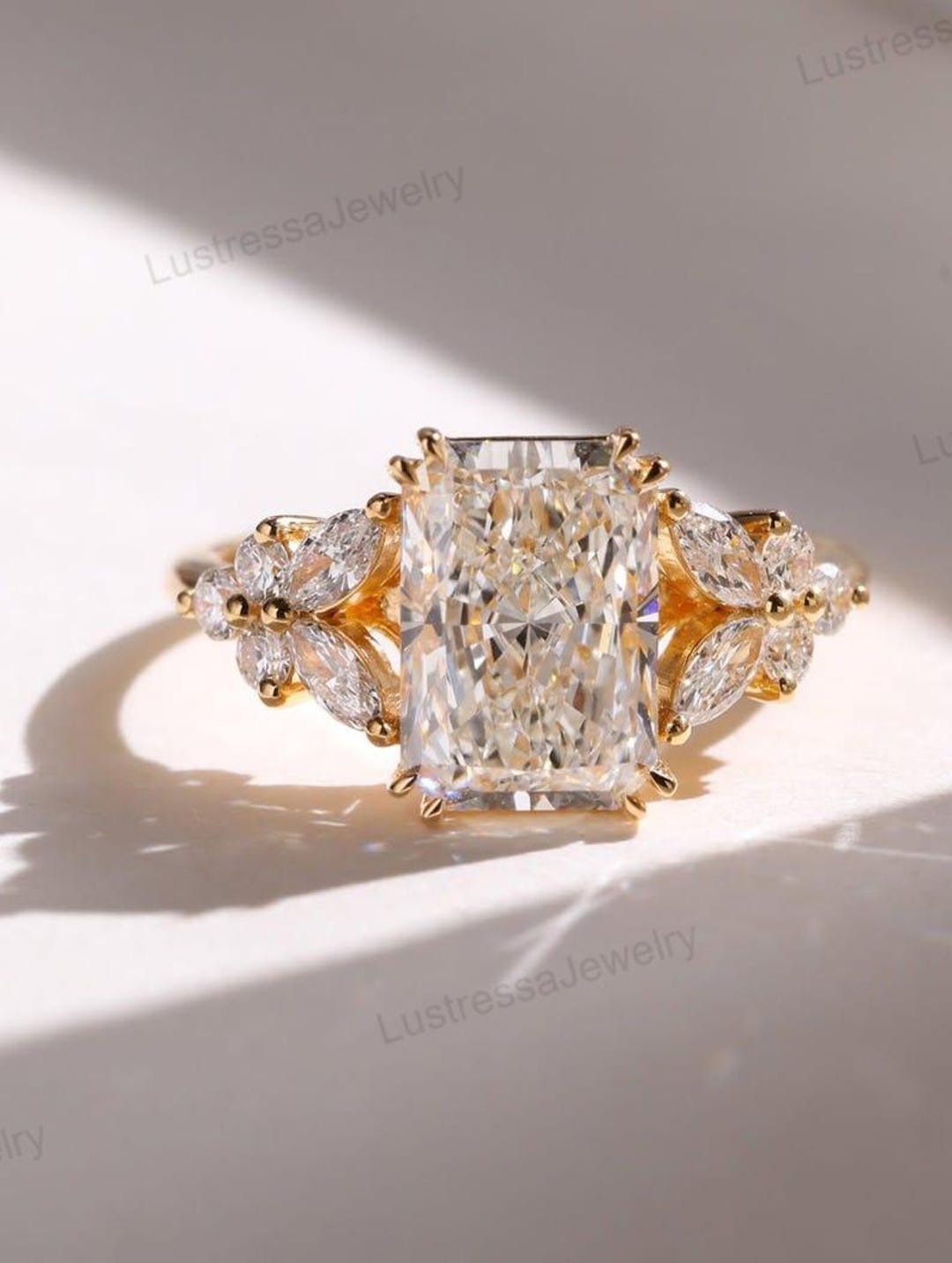 Radiant Cut Moissanite Engagement Ring, Gold Cluster, Marquise Side ...