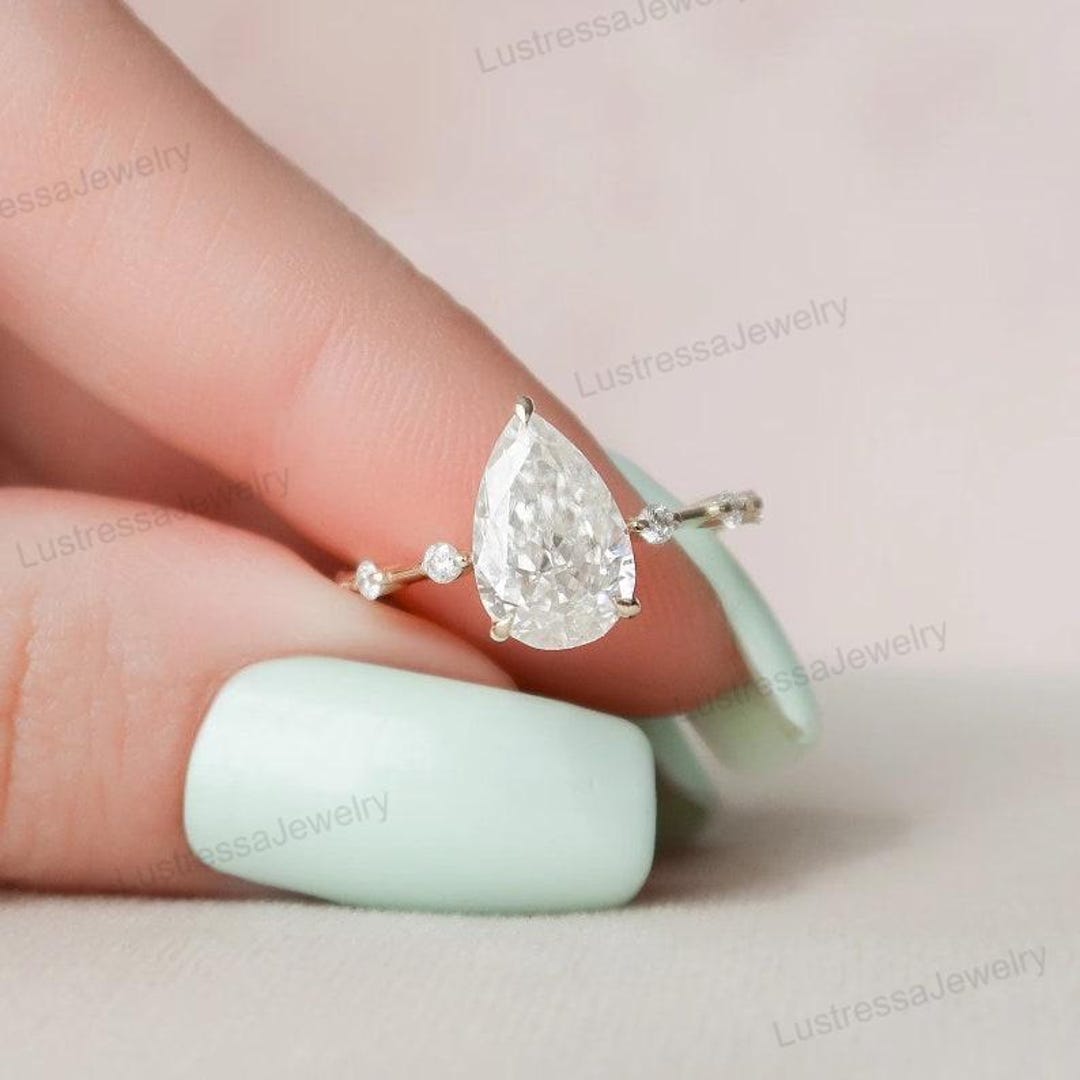 Pear Cut Moissanite Engagement Ring, 14K Gold Hidden Halo, Bubbles ...