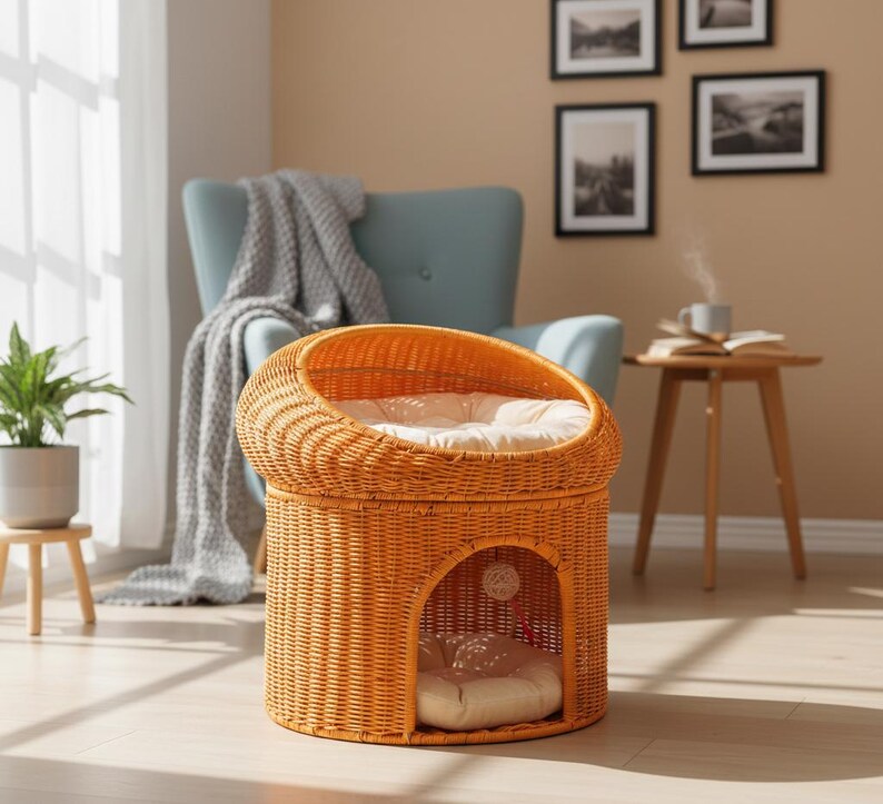 Woven Wicker Cat House & Modern Pet Furniture | Dual-level Cat Bed - Etsy