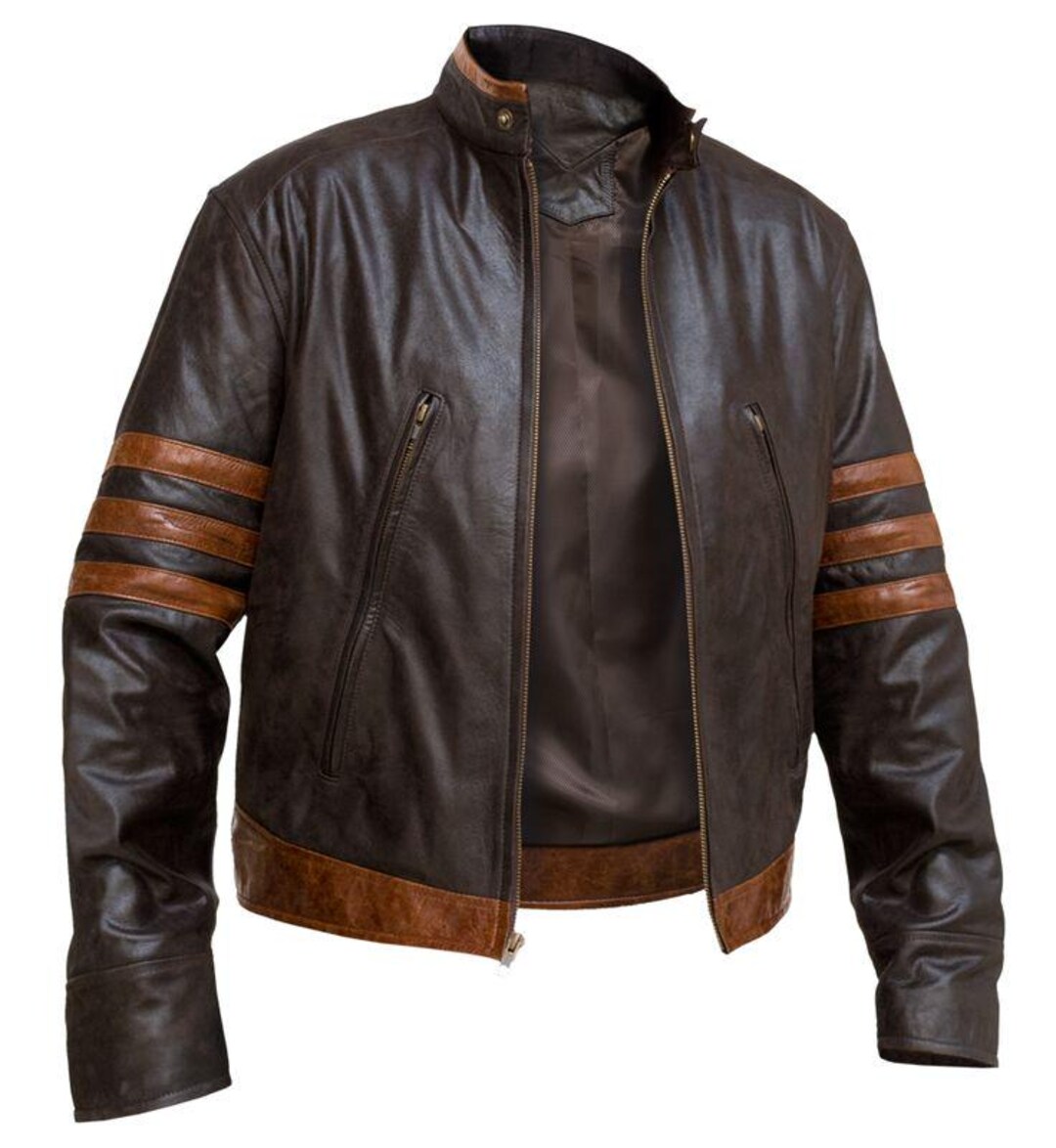 Wolverine Leather Jacket | Brown Striped Motorcycle Jacket, Cosplay ...
