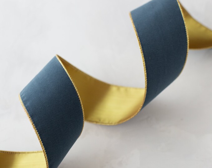 Dusty Blue Gray Velvet Wired Ribbon W/ Gold Metallic Lamé Backing (10 ...