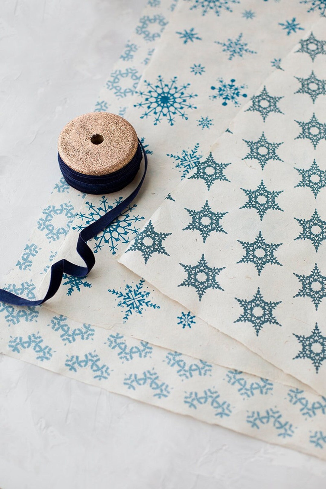 Blue Snowflake Lokta Seeded Wrapping Paper: 2 Sheets, Handmade, Deckled ...