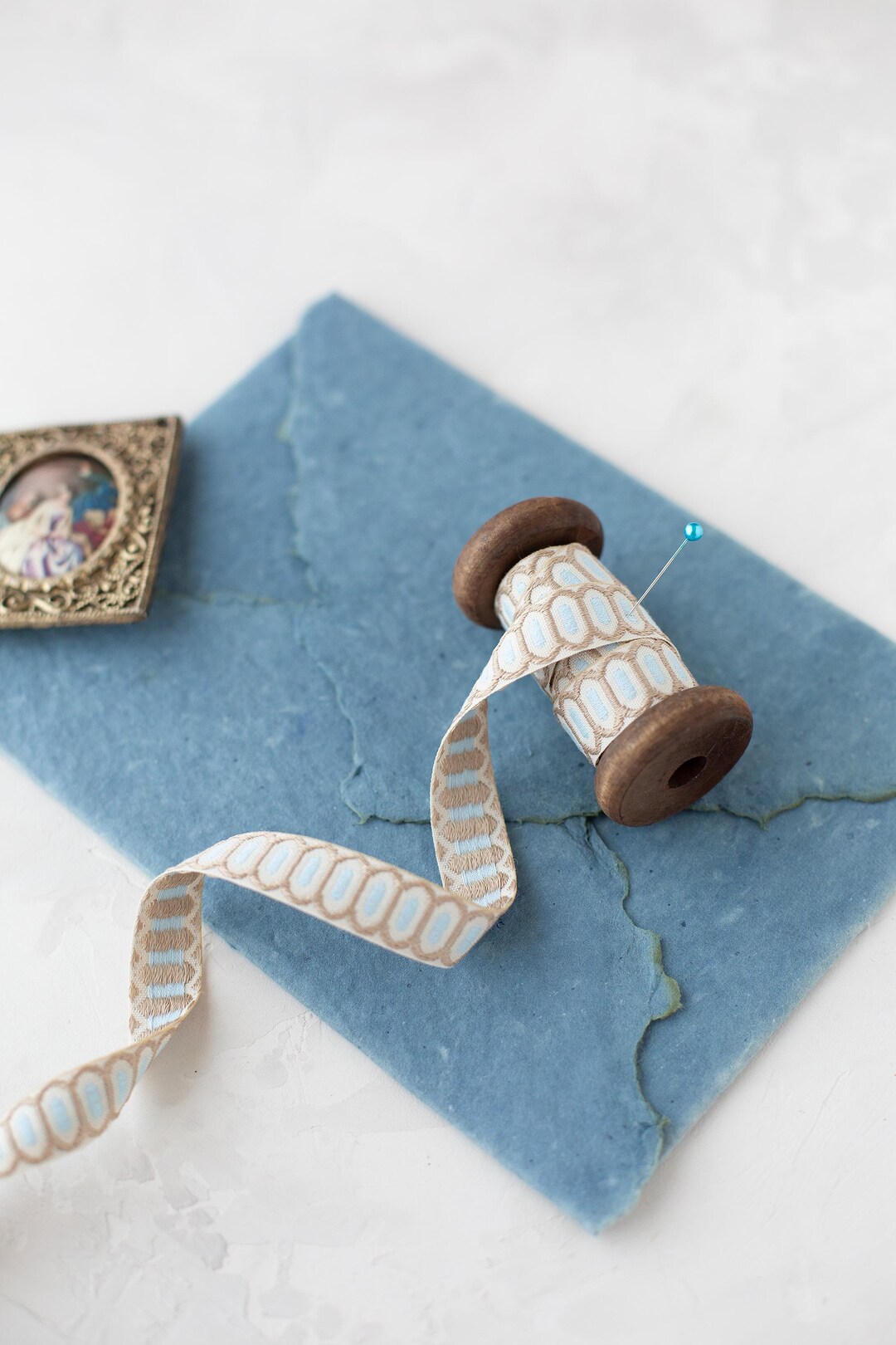 Soft Blue + White Beige Diamond Embroidered Jacquard Ribbon Trim • 5/8 ...